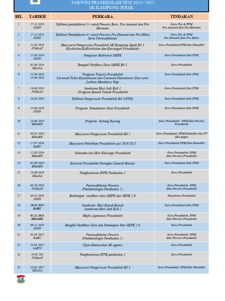 Takwim Prasekolah 2024-2025 | PDF