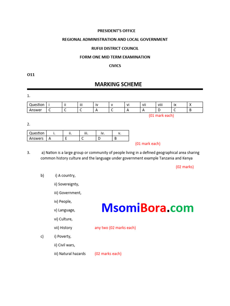 Form One Civics Exam Guide | PDF | Rights | Citizenship