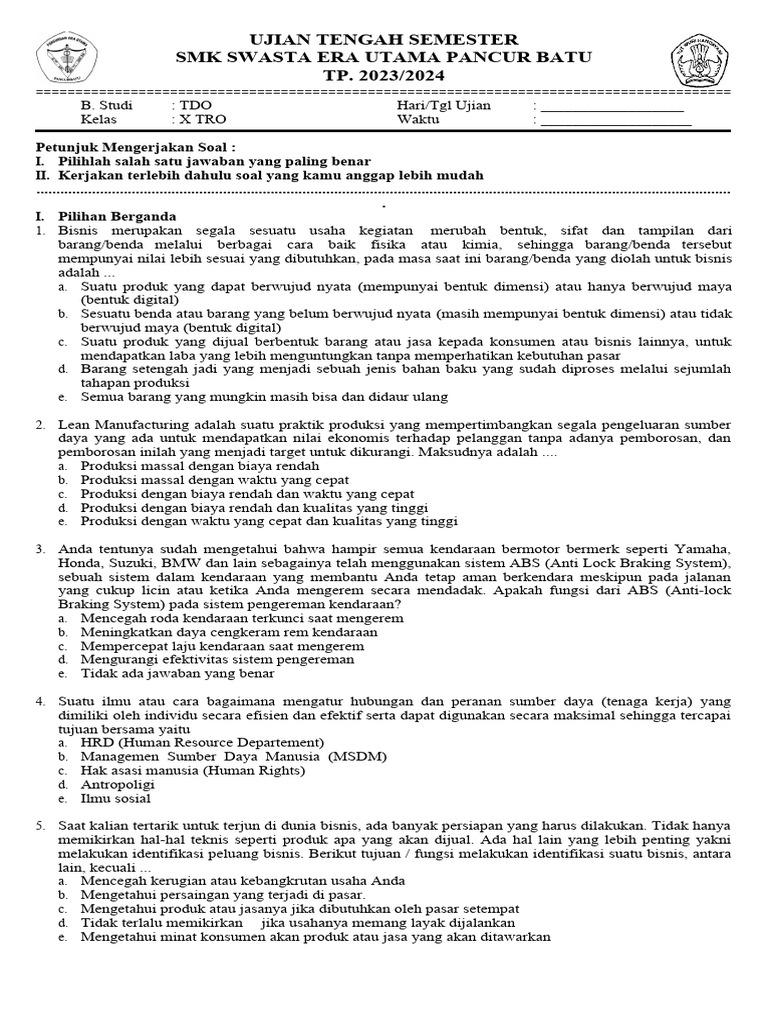 Soal PTS TDO HOTS - TBSM Ok | PDF