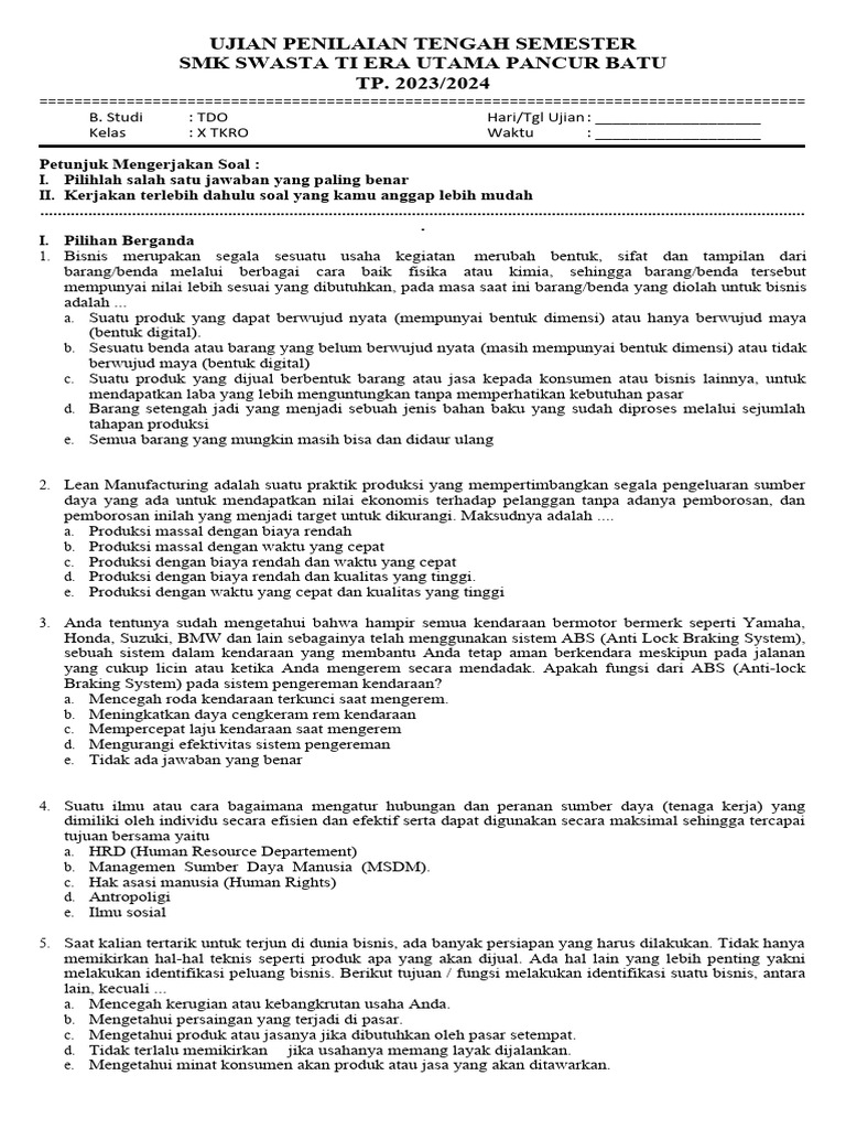 Soal PTS TDO HOTS - TKRO | PDF