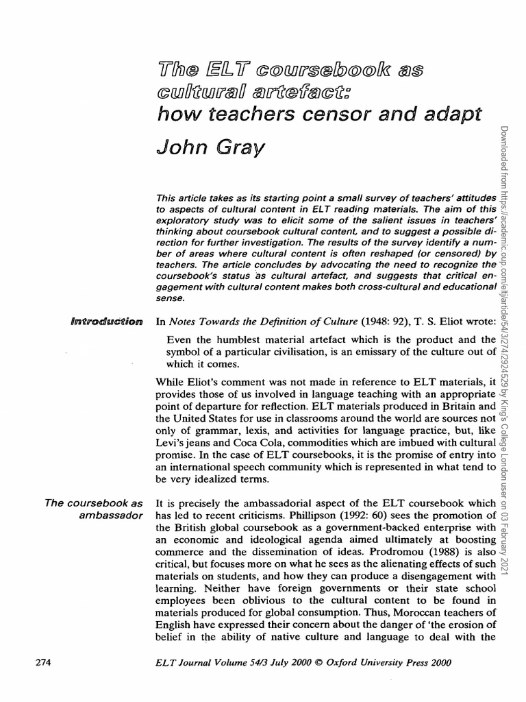 The ELT Coursebook As Cultural Artefact: How Teachers Censor and Adapt ...