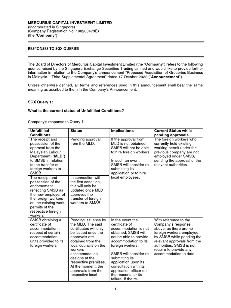 MCIL - Responses To SGX Queries in Respect of Songmart | PDF | Business ...