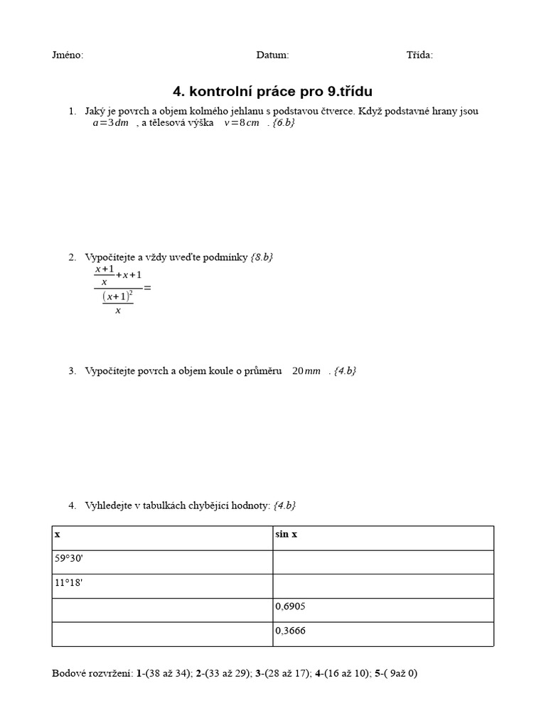 012a 4.kontrolní Práce Pro 9.třídu | PDF