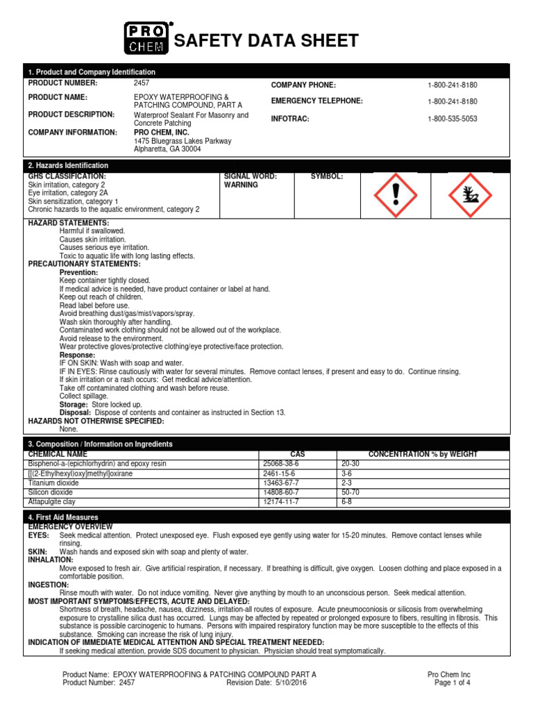 Epoxy Waterproofing Patching Compound Part AB SDS | PDF | Personal ...