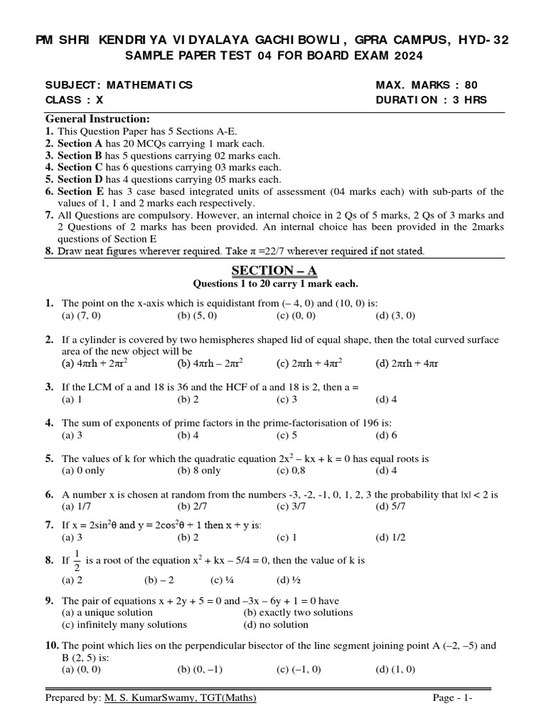Maths Class X Sample Paper Test 04 For Board Exam 2024 | Download Free ...