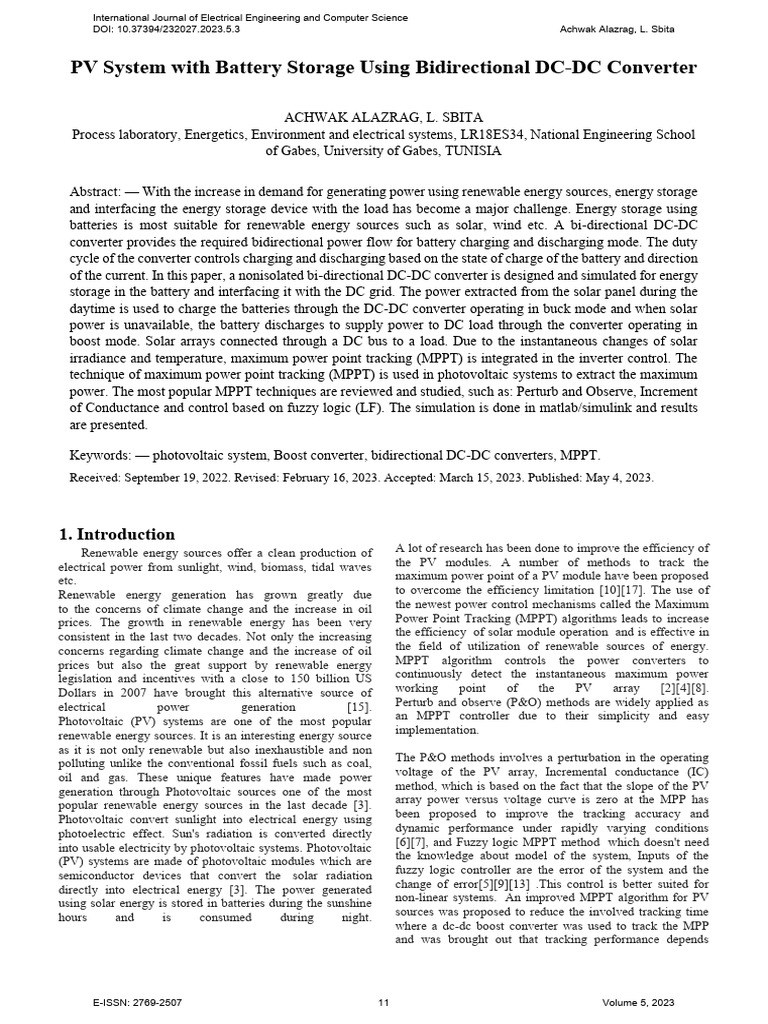 2023 ARTICLE, PV System With Battery Storage Using Bidirectional DC-DC ... 2023 ARTICLE, PV System With Battery Storage Using Bidirectional DC-DC ...