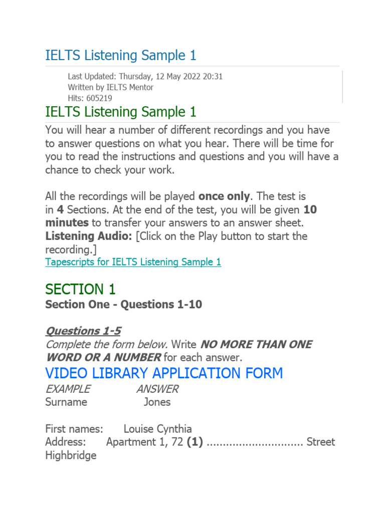 IELTS Listening Sample 1 | PDF | International English Language Testing ...