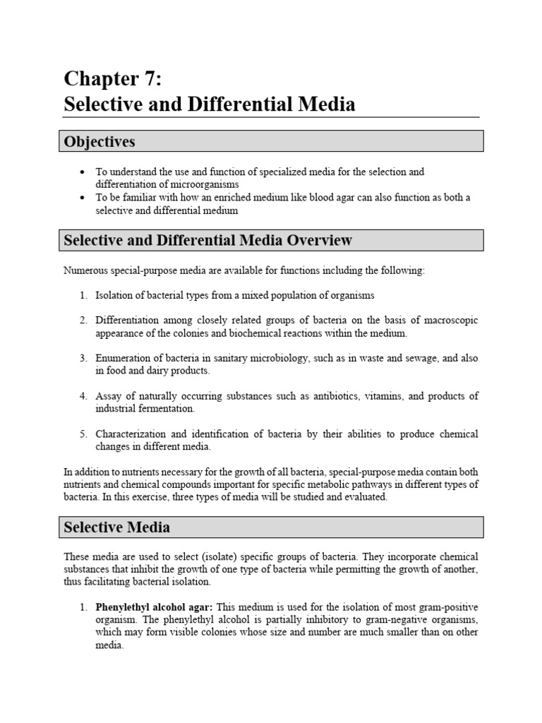 Selective and Differential Media Guide | PDF | Growth Medium | Bacteria