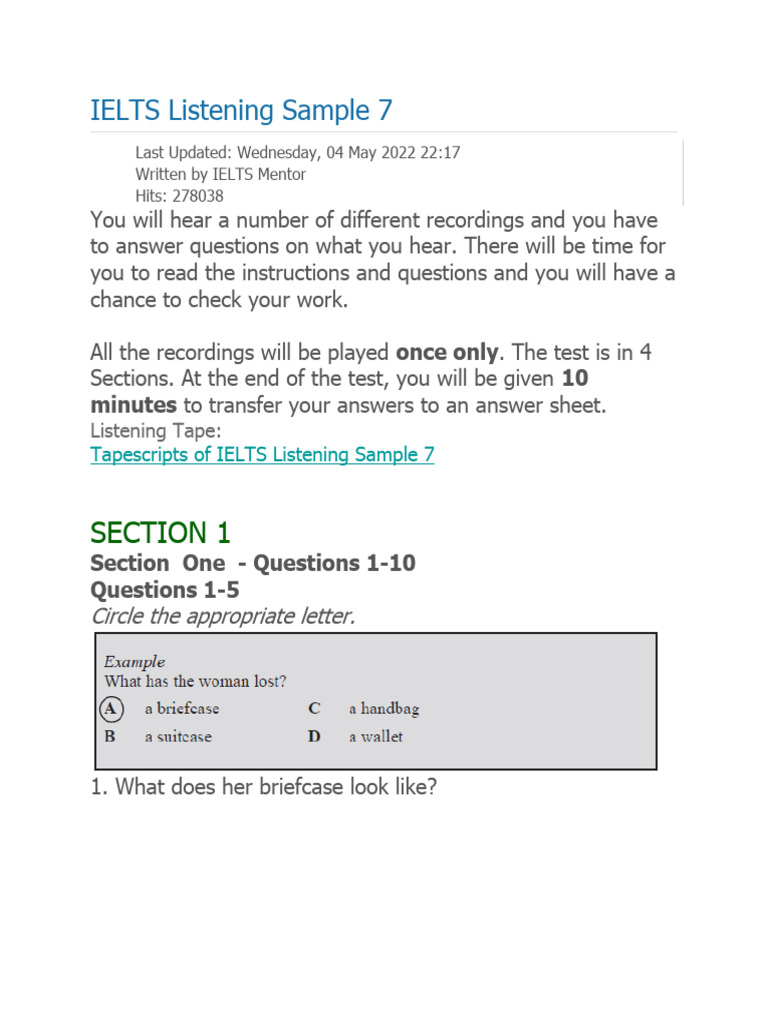 IELTS Listening Sample 7 | PDF | International English Language Testing ...