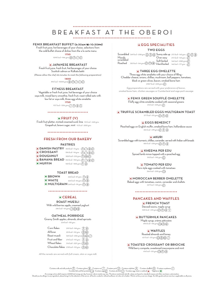 Oberoi Fenix Breakfast Menu | PDF | Indian Cuisine | Pancake