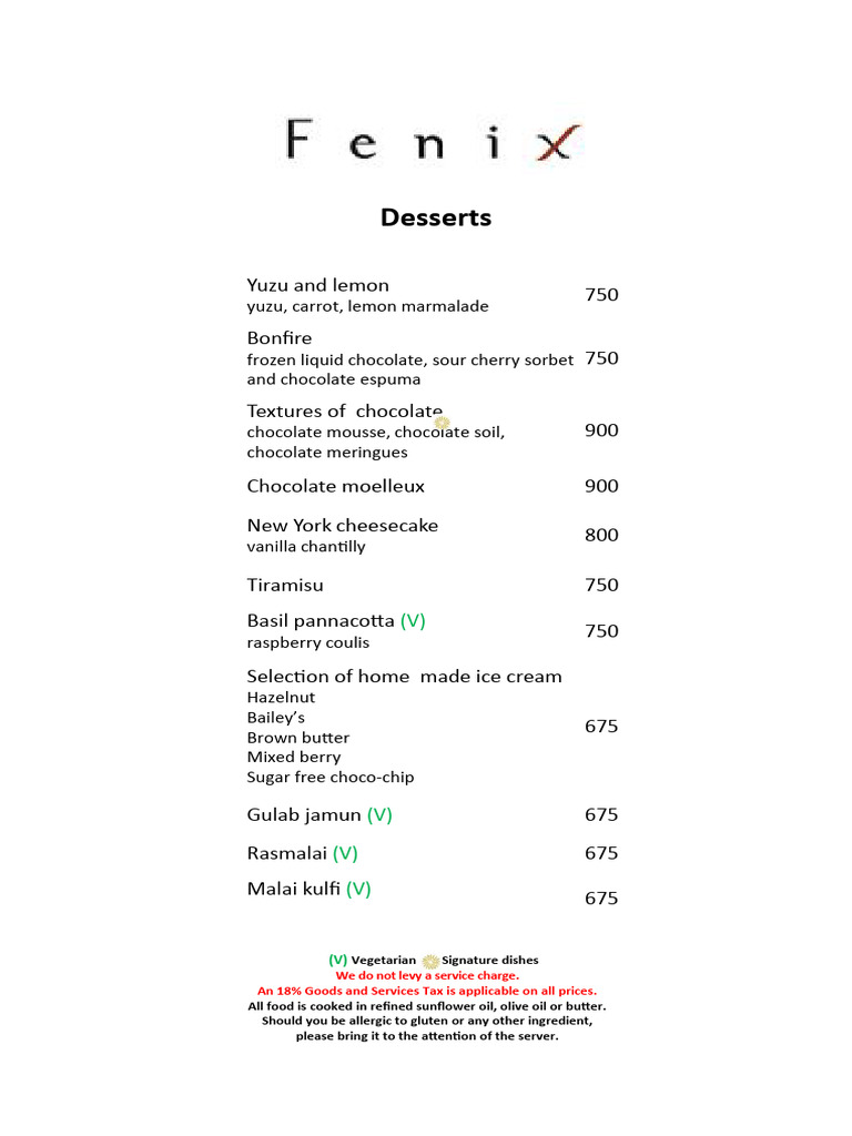 The Oberoi Mumbai Fenix - Dessert Menu | PDF