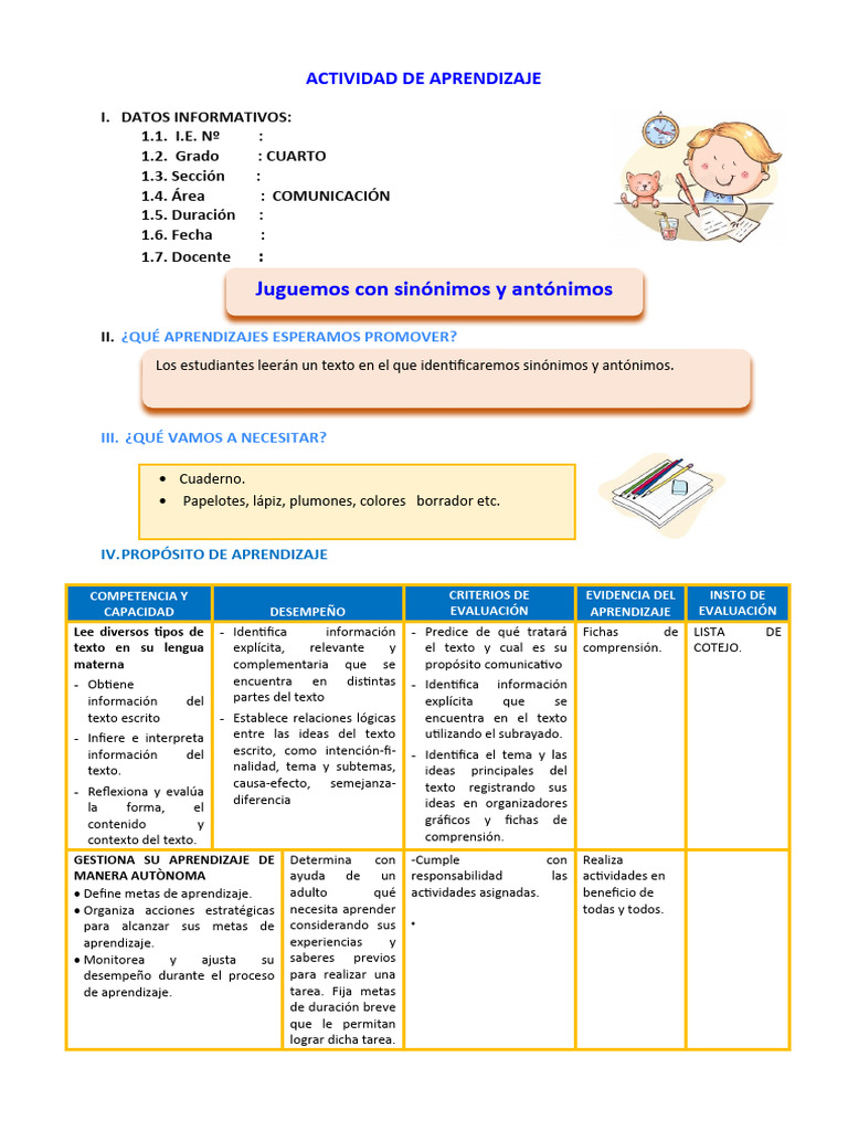 Sinónimos y Antónimos en Clase | PDF | Evaluación | Aprendizaje