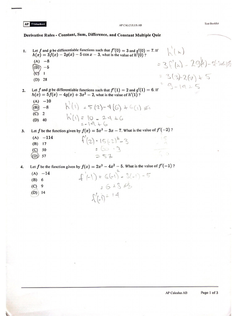 Derivative Rules Constant Sum Difference And Constant Multiple Quiz Pdf