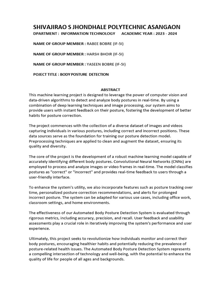 Posture Detection Abstract | PDF | Usability | Machine Learning