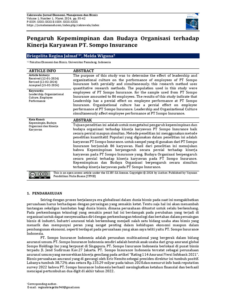 Pengaruh Kepemimpinan Dan Budaya Organisasi Terhadap Kinerja Karyawan PT. Sompo Insurance | PDF