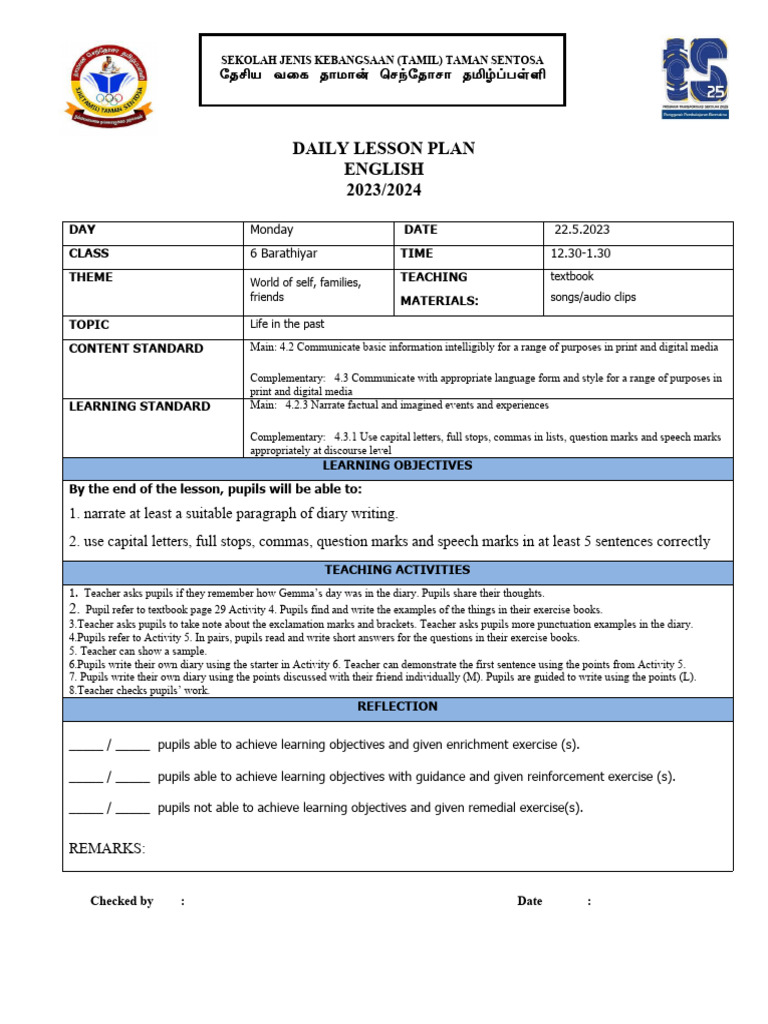 Grade 6 English Lesson Plan: Diary Writing | PDF | Lesson Plan | Learning