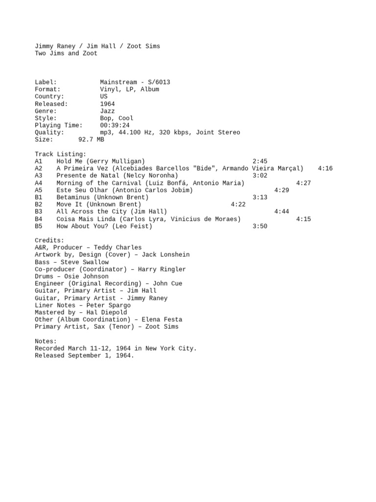 Two Jims and Zoot-Jimmy Raney-Jim Hall-Zoot Sims | PDF