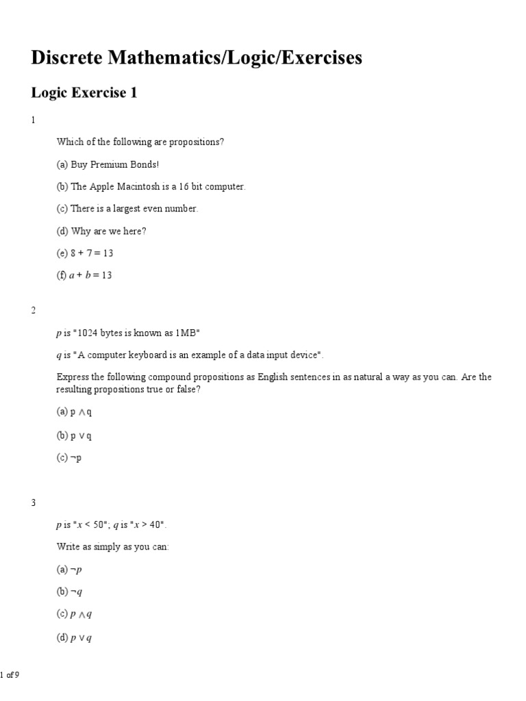 Discrete Mathematics Logic Sample Exercises Questions Proposition Logic
