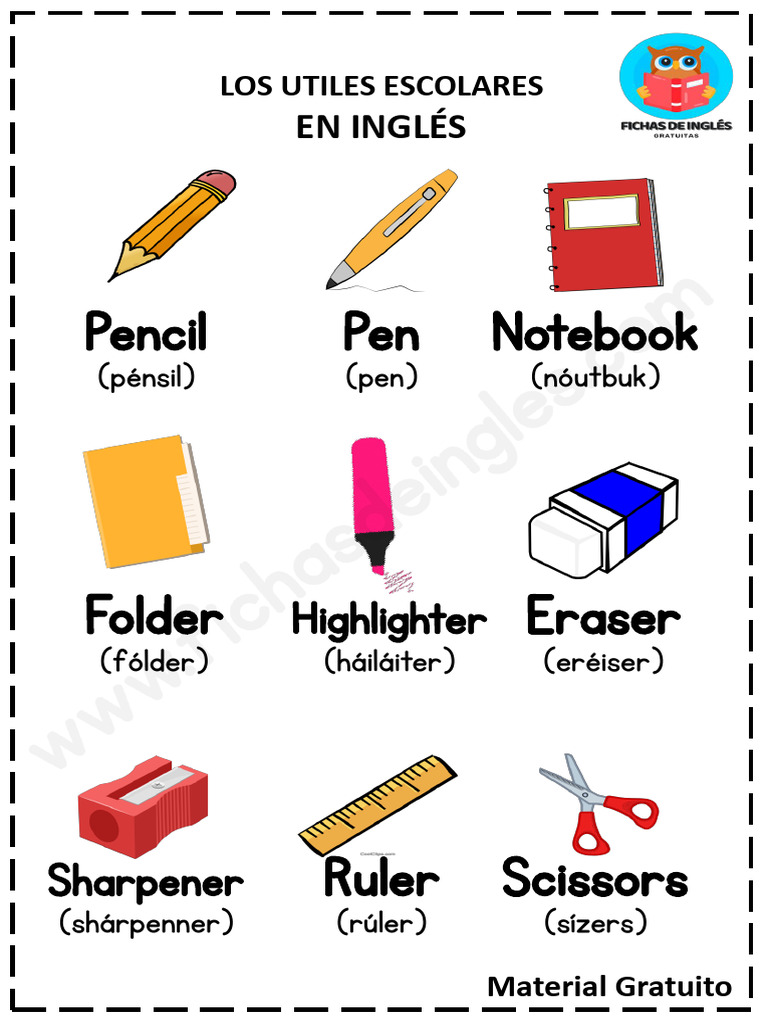 Fichas de Los Utiles Escolares en Ingles Gratis | PDF