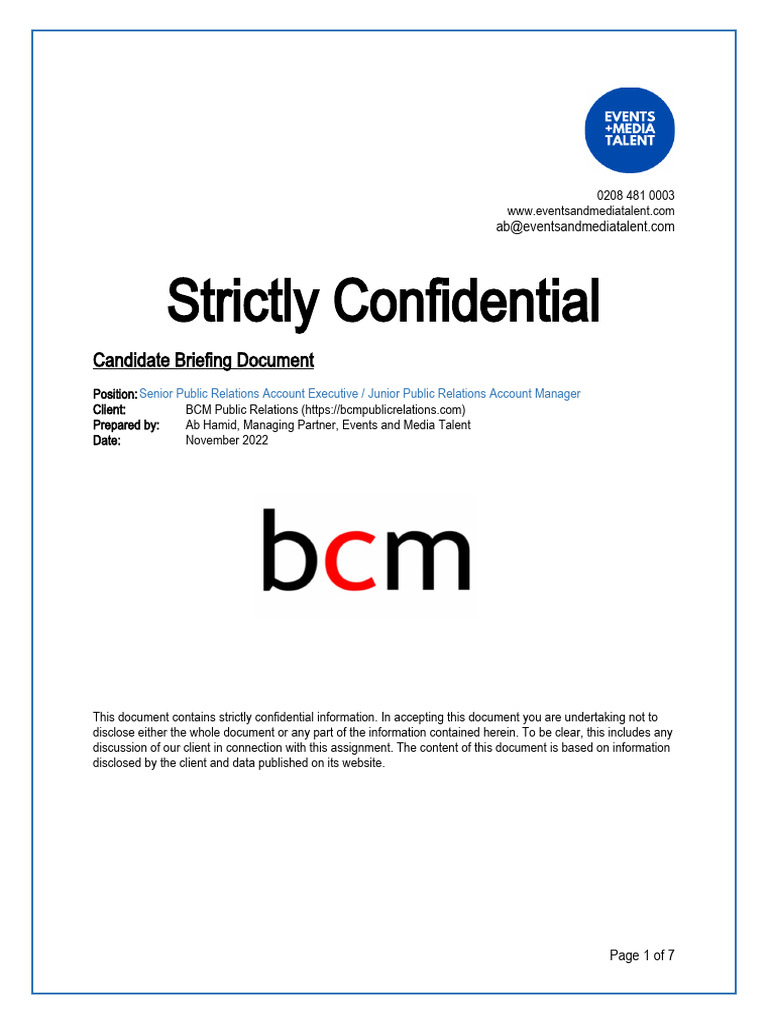 Candidate Briefing Document - SNR PRAE, JNR PRAM, BCM Public Relations ...