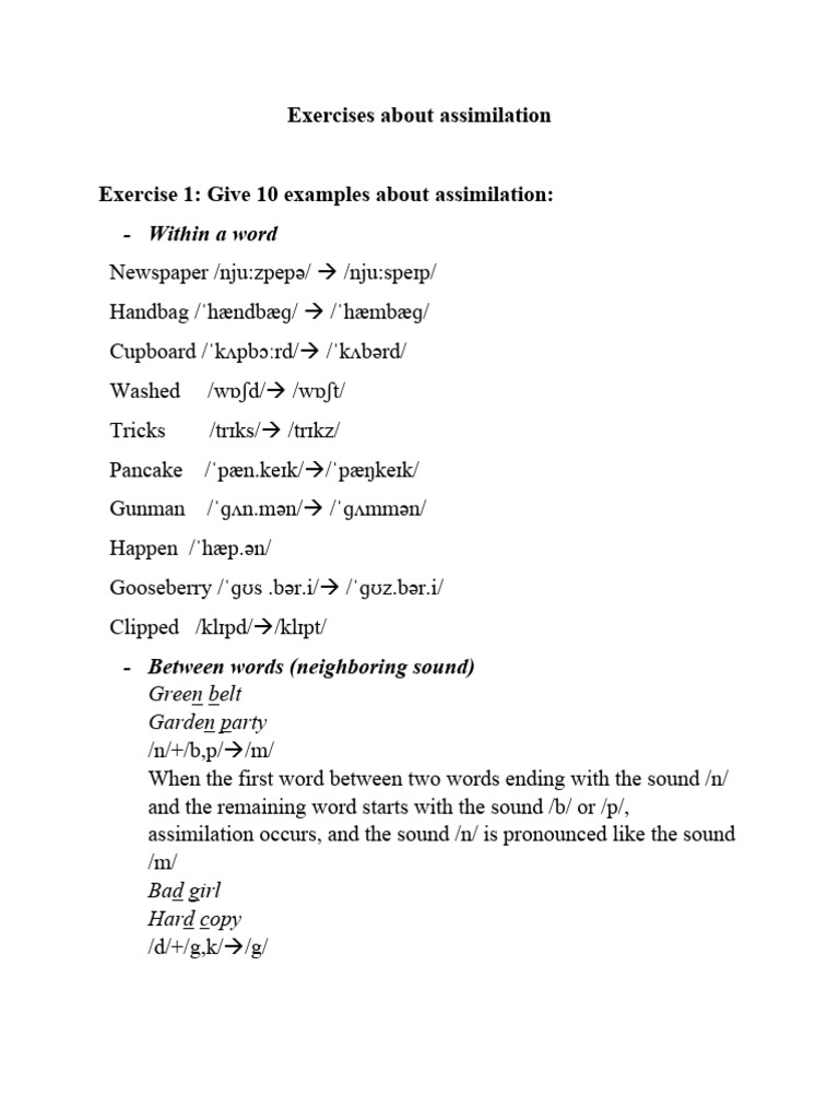 Assimilation Exercises & Examples | PDF | Oral Communication | Human Voice