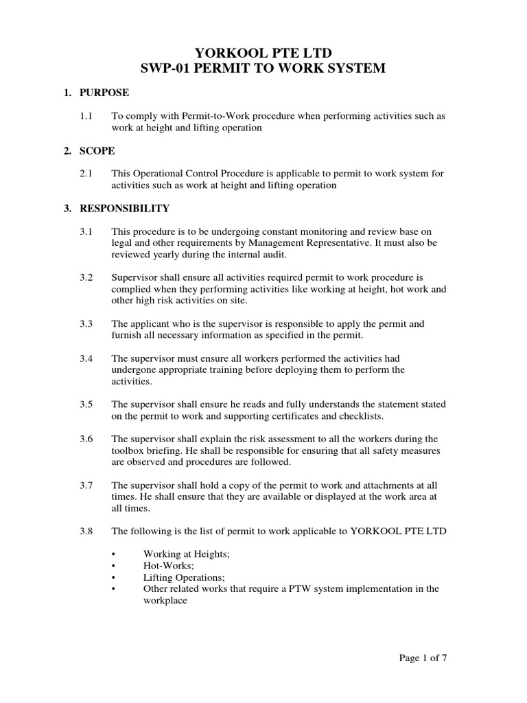 SWP-01 Permit To Work System | PDF | Safety | Occupational Safety And ...