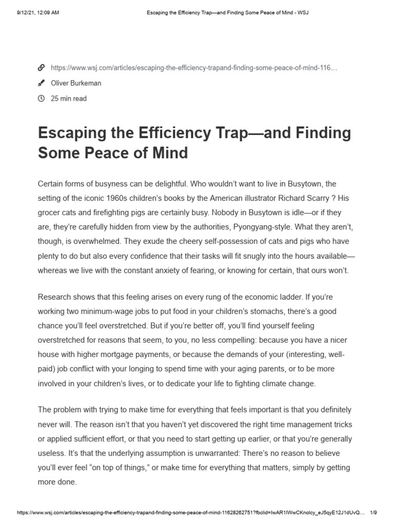 Escaping The Efficiency Trap-And Finding Some Peace of Mind - WSJ | PDF