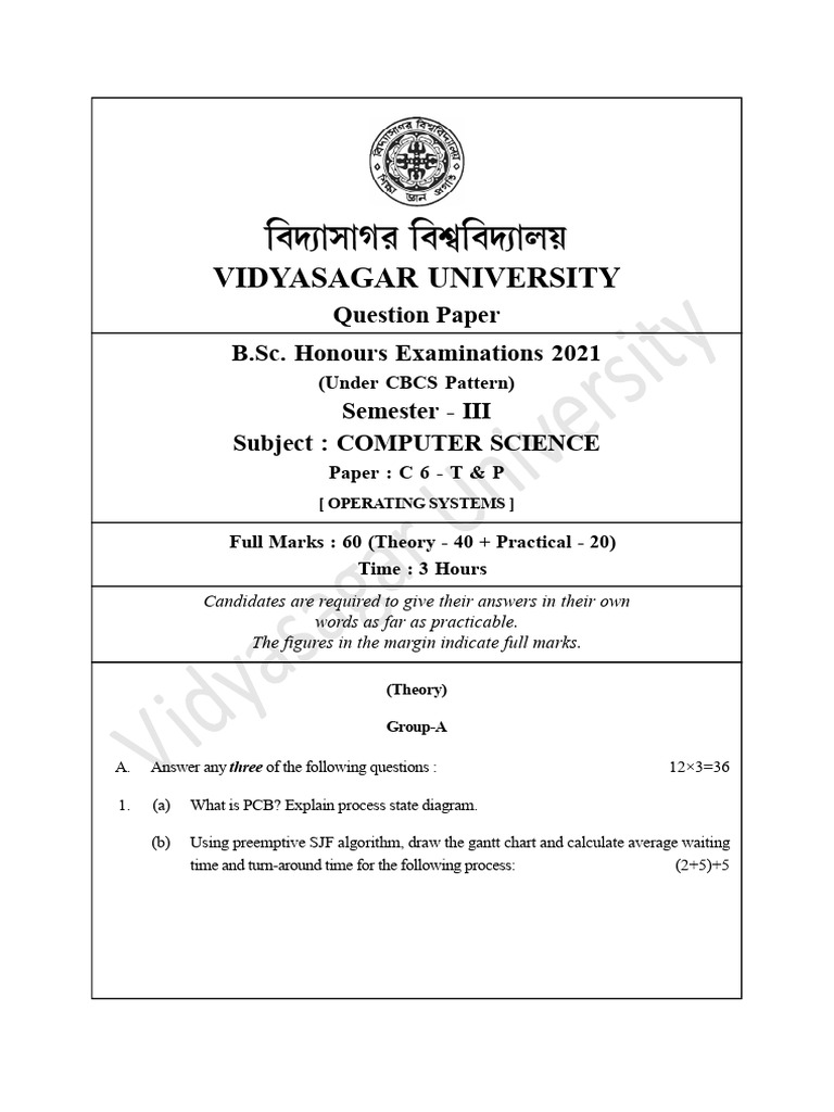 Vidyasagar University: B.Sc. Honours Examinations 2021 Semester - III Subject: Computer Science ...