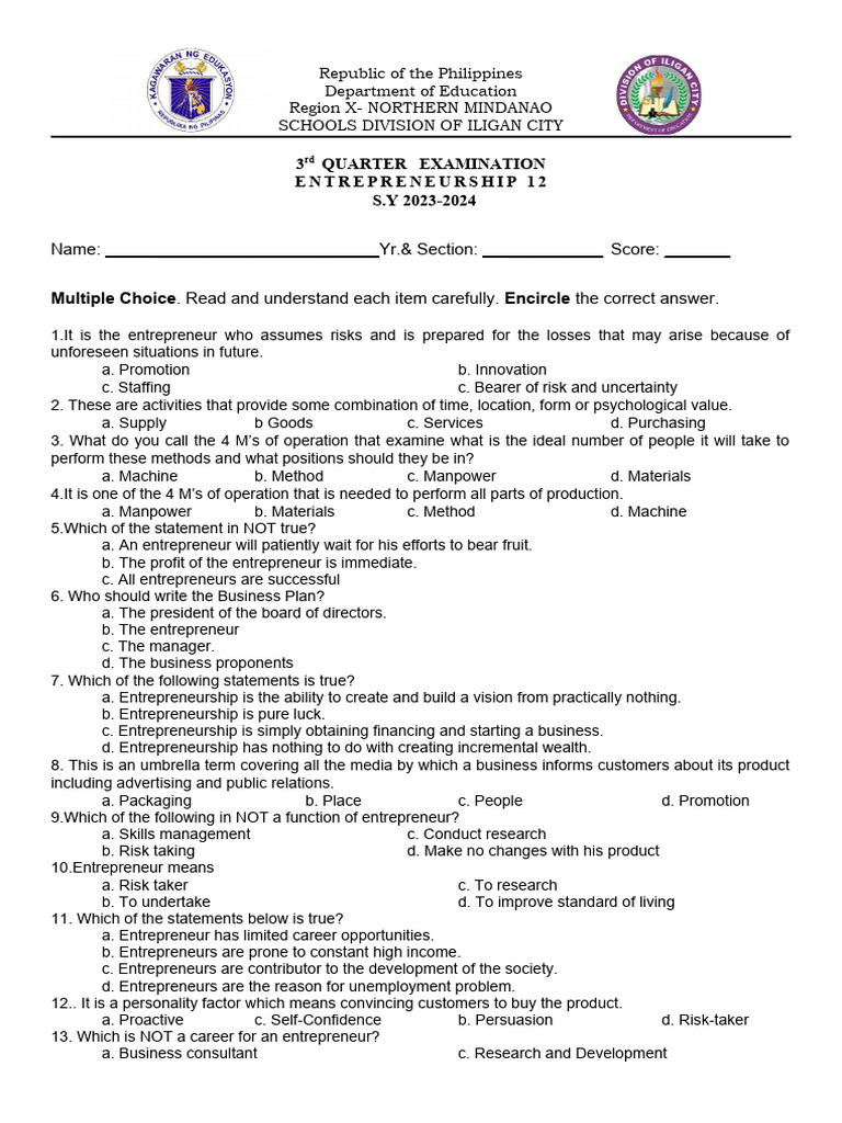 Entrep Q3 Examination | PDF | Entrepreneurship | Marketing