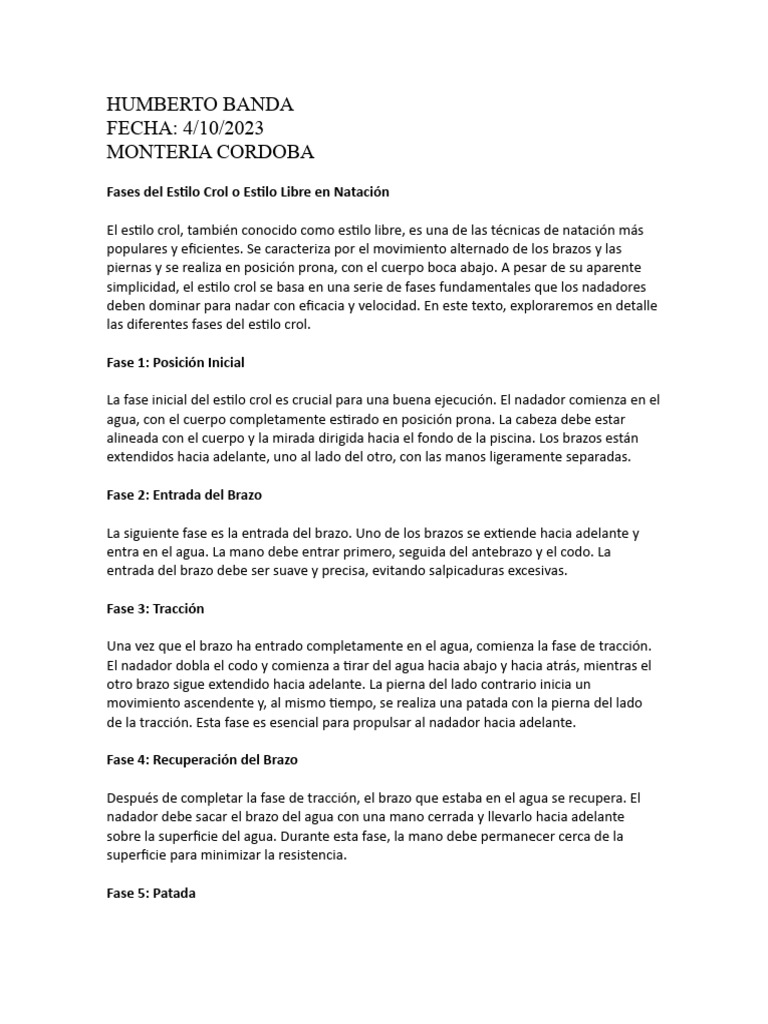 Fases del Estilo Crol en Natación | PDF | Natación (deporte) | Nadando