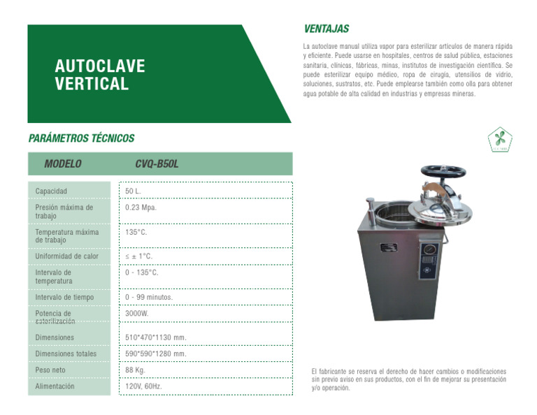 Ficha Tecnica Autoclave Vertical Automatica CVQ B50L | PDF