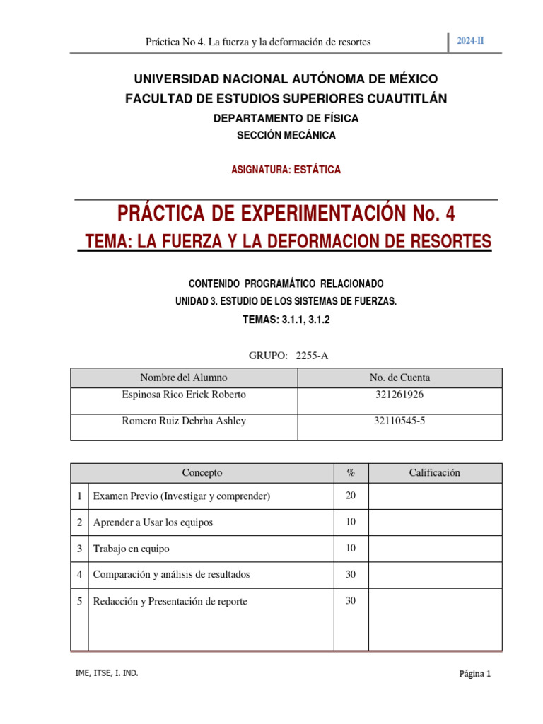 Reporte de Practica 4 Estatica | PDF | Deformación (ingeniería) | Fuerza