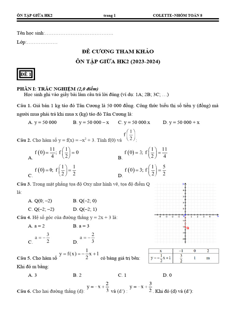 -ĐỀ CƯƠNG GK2 Toán 8 COLETTE 2023 | PDF