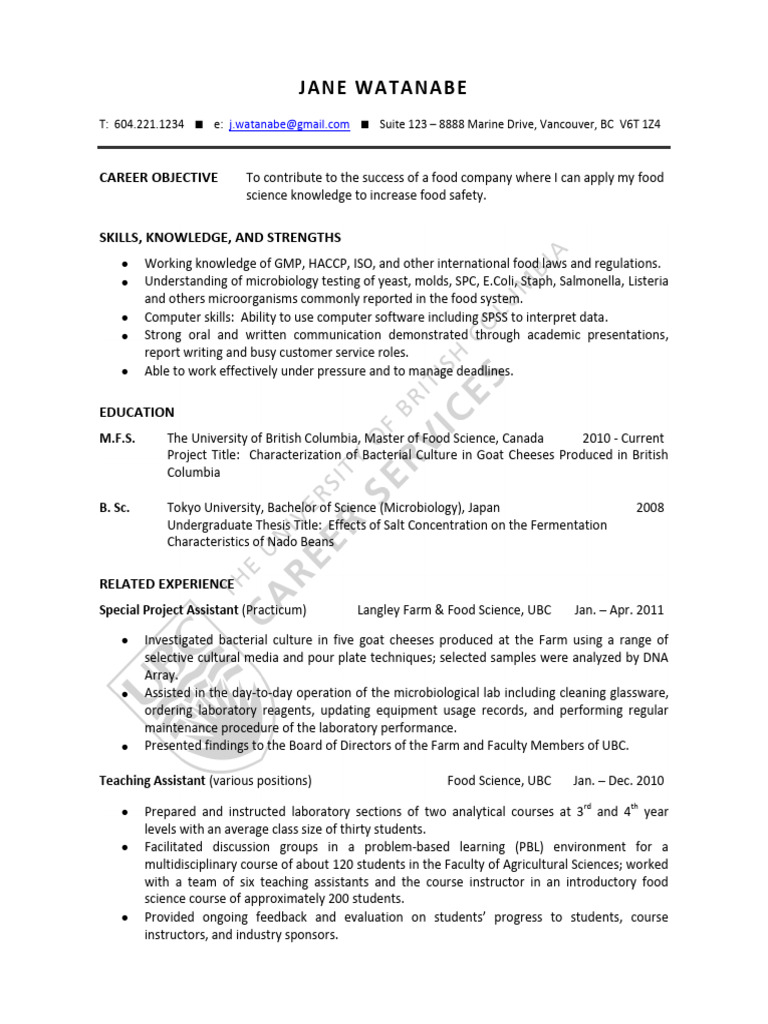 Food Science Graduate Resume: Jane Watanabe | PDF | Food Science