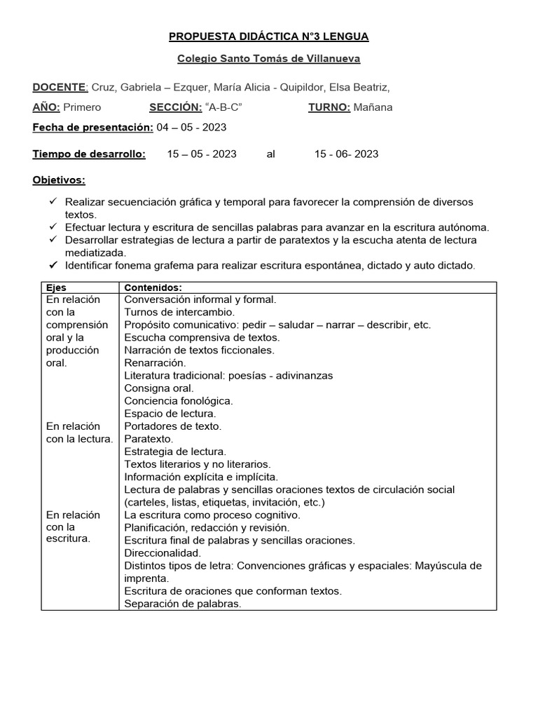 Prop. Didác. #3 Lengua 1° STV | PDF | Escritura | La lingüística aplicada