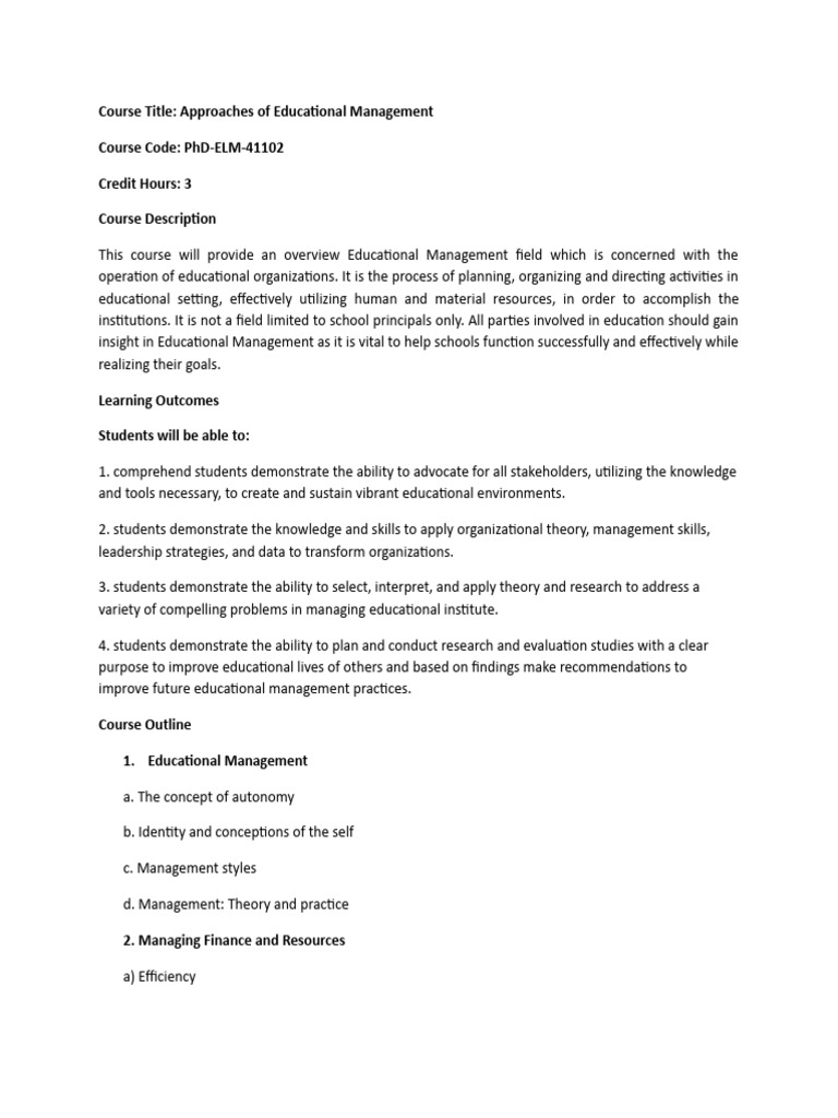 PHD Outline Approaches of Educational Management | PDF | Cognition | Business