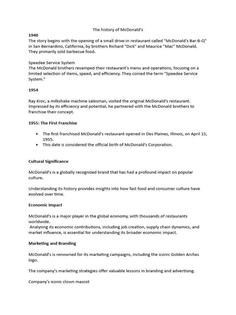 History of McDonald's Corporation | PDF | Mc Donald's | Corporate ...