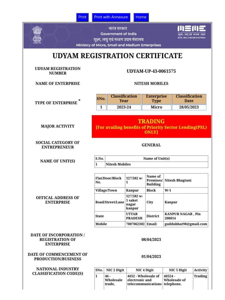 Print - Udyam Registration Certificate | PDF | Information And ...