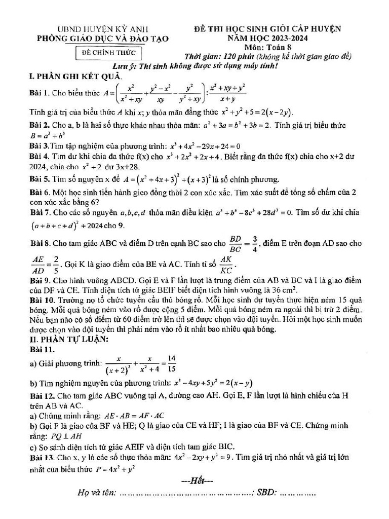 De Hoc Sinh Gioi Toan 8 Nam 2023 2024 Phong GDDT Ky Anh Ha Tinh | PDF
