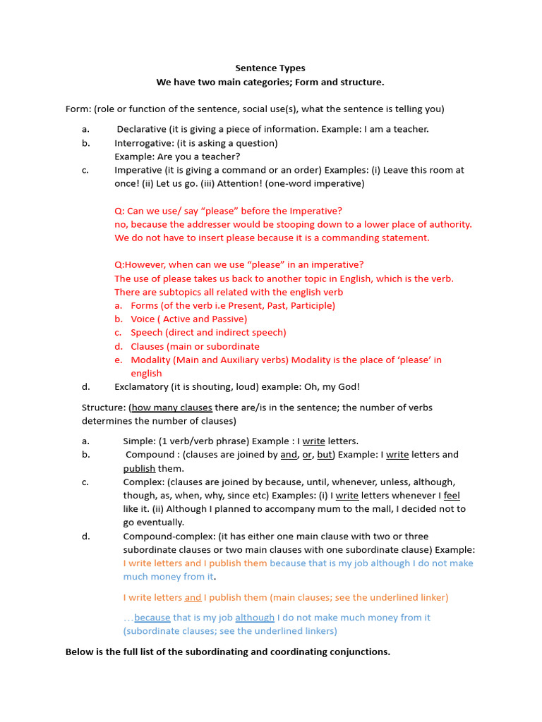 Sentence Types For Year 9 | PDF | Sentence (Linguistics) | Verb
