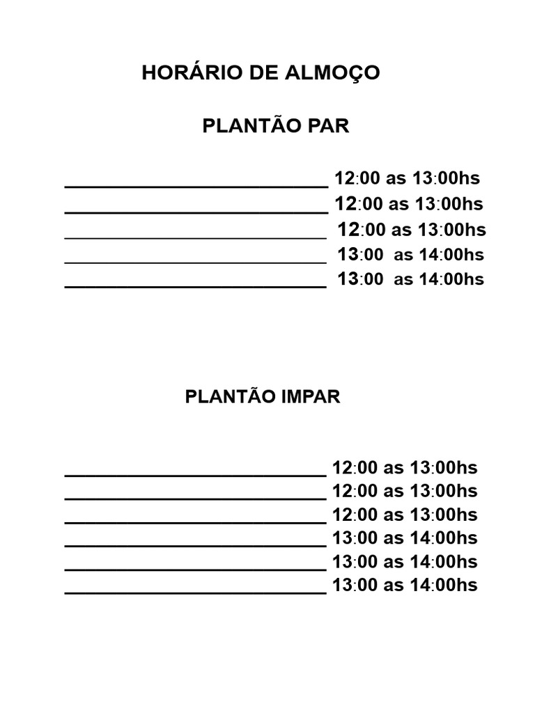 Horário de Almoço por Plantão | PDF