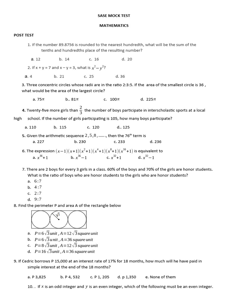 SASE MOCK TEST - Math Post Test | PDF | Area | Pi