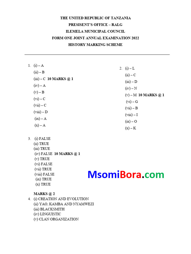 Marking Scheme Form One History Joint Examination Making SCH | PDF ...
