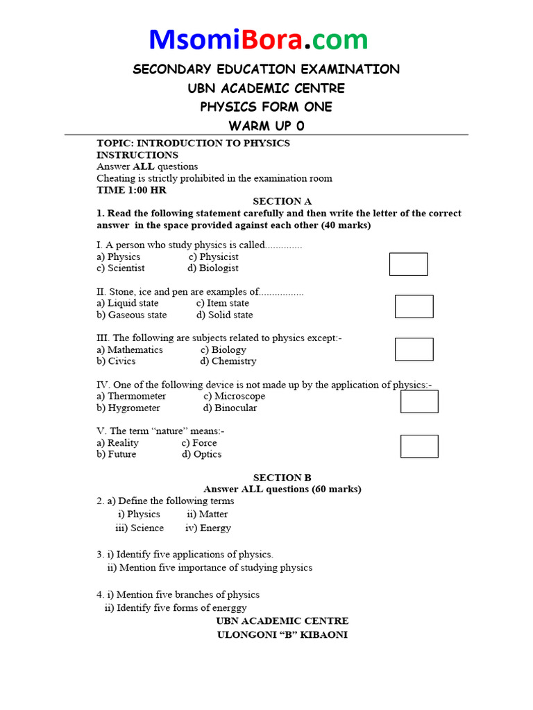 Pre - F0RM 1 Physics | PDF