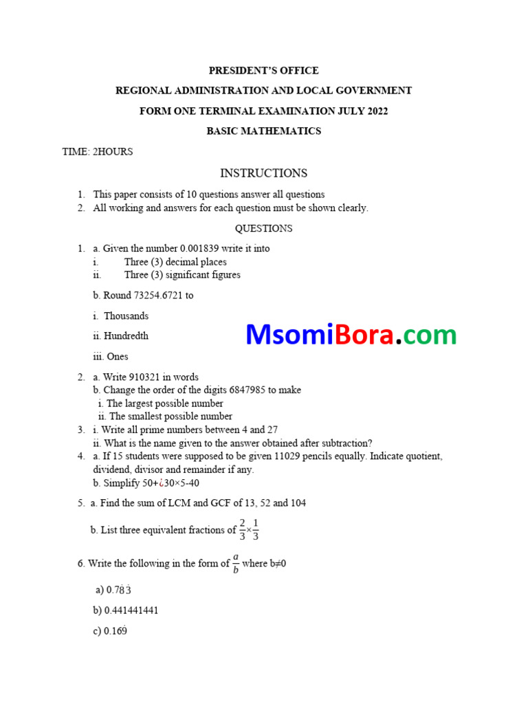 Mathematics Form One | PDF | Numbers | Significant Figures