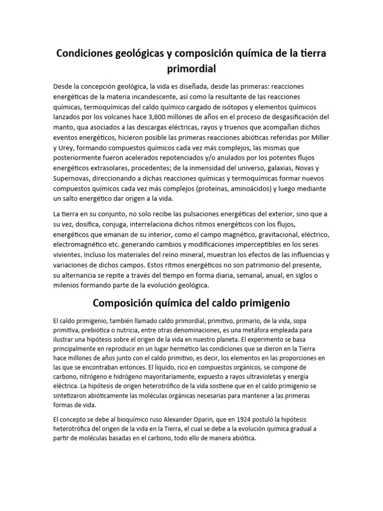 Condiciones Geológicas y Composición Química de La Tierra Primordial ...