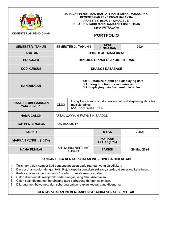 Afzal Qayyum Fathi Bin Sa'Adon Moe - 3. Penilaian Prestasi Portfolio 2233 | PDF