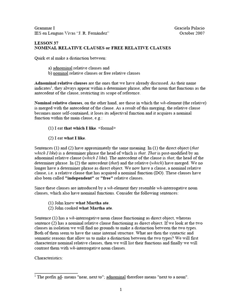 Understanding Nominal Relative Clauses | PDF | Clause | Adjective