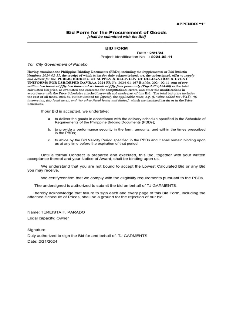 Bid Form for Goods Procurement 2024 | PDF | Taxes | Economies
