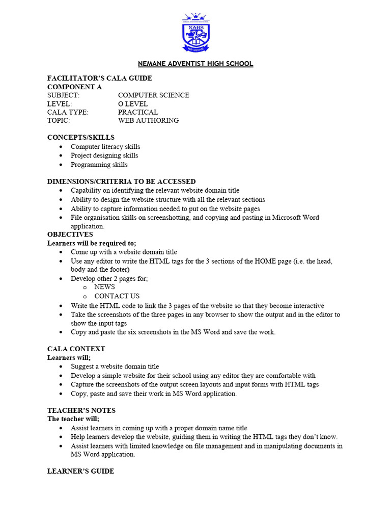Component 1 Computer Science Cala Guide Pdf Websites Html